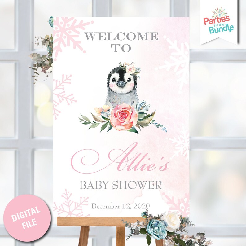 Pink Penguin Baby Shower Welcome Sign Easel Sign Winter Girl - Etsy