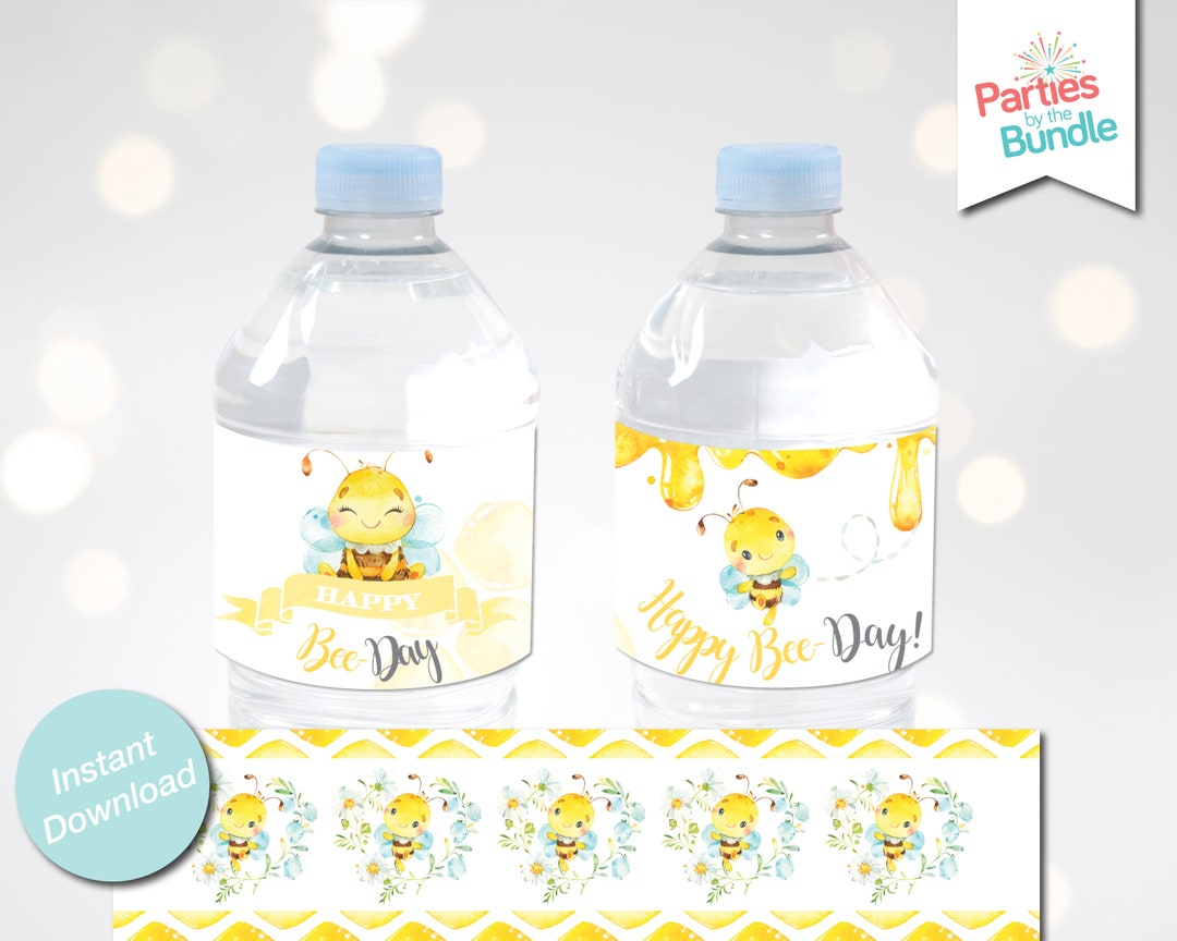 Bee Birthday Water Bottle Labels, Printable Water Bottle Wrapper ...