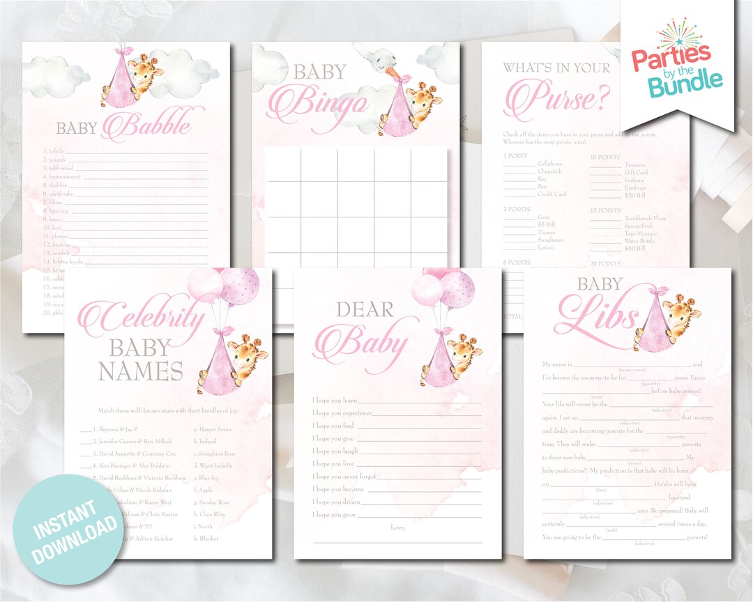 Pink Giraffe Baby Shower Games Baby Bingo Baby Babble Whats in Your ...