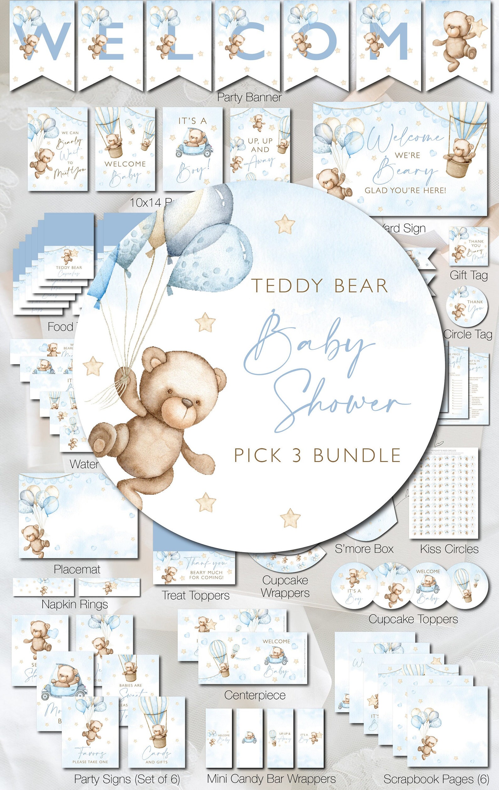 Teddy Bear Printable Baby Shower Bundle PICK 3 Party Package | Etsy