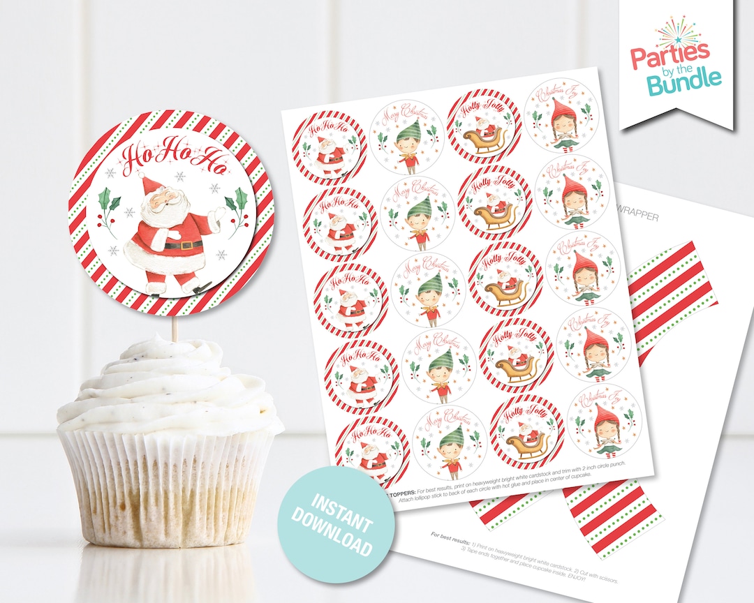 Santa Cupcake Toppers Wrappers Set Santa and Elves Printable Christmas ...