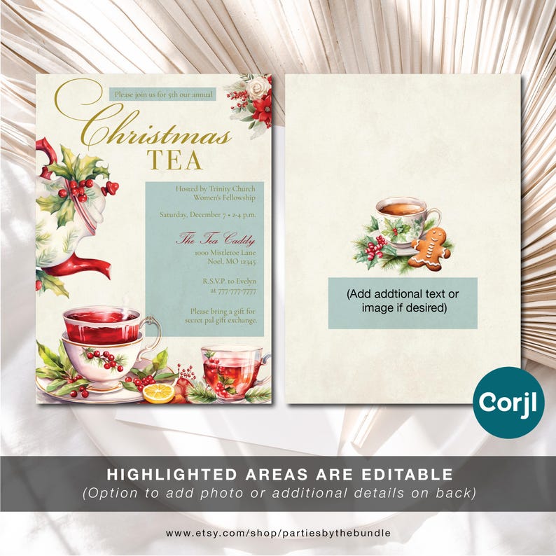 EDITABLE Christmas Tea Party Invitation: Festive Holiday Brunch (corjl ...