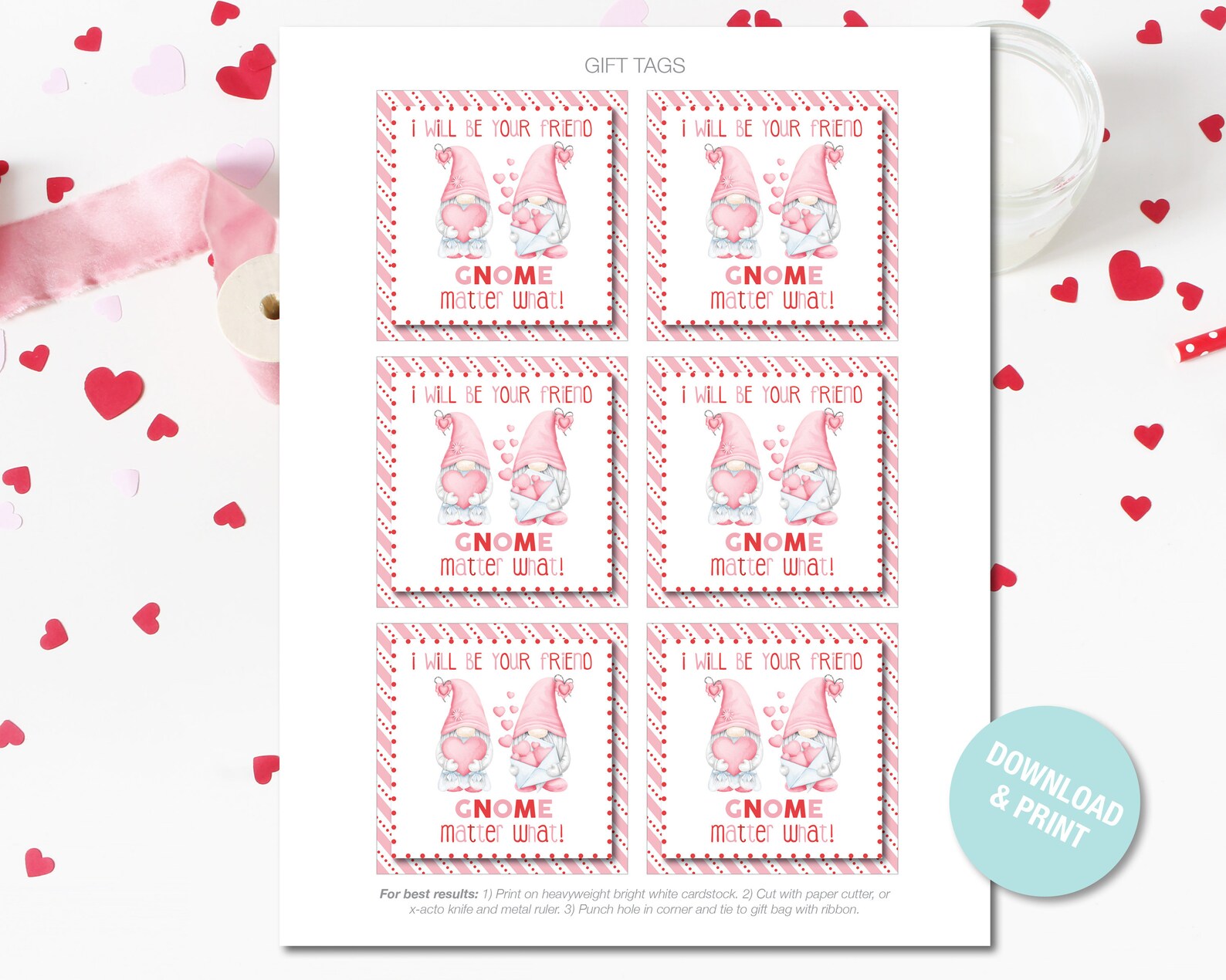 Printable Valentine's Day Gift Tag, Valentine's Favor Tag, Gnome ...
