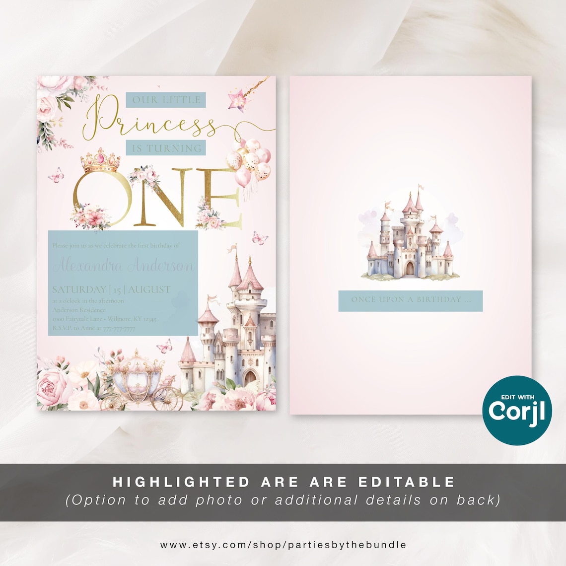 Editable Princess First Birthday Invitation: Fairytale Theme (corjl ...