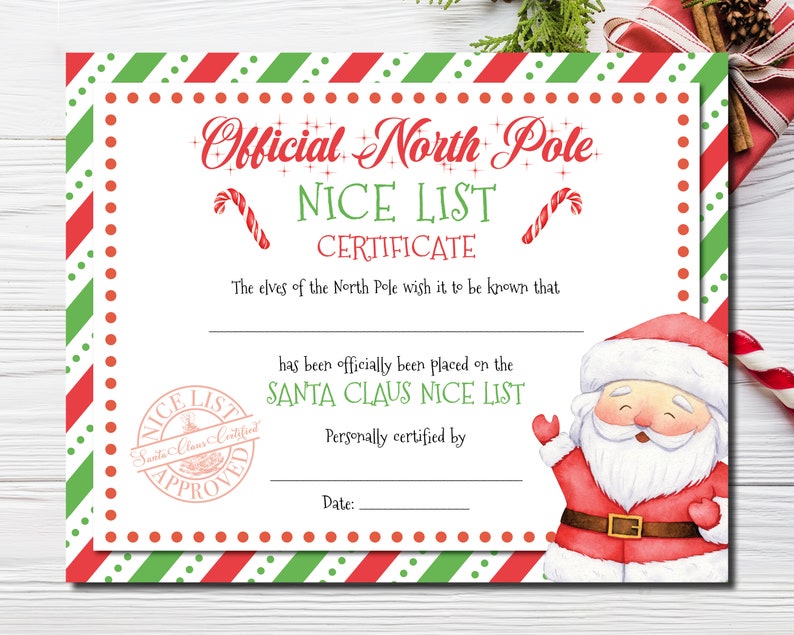 Official Santa Claus Nice List Certificate, Letter From Santa, North ...