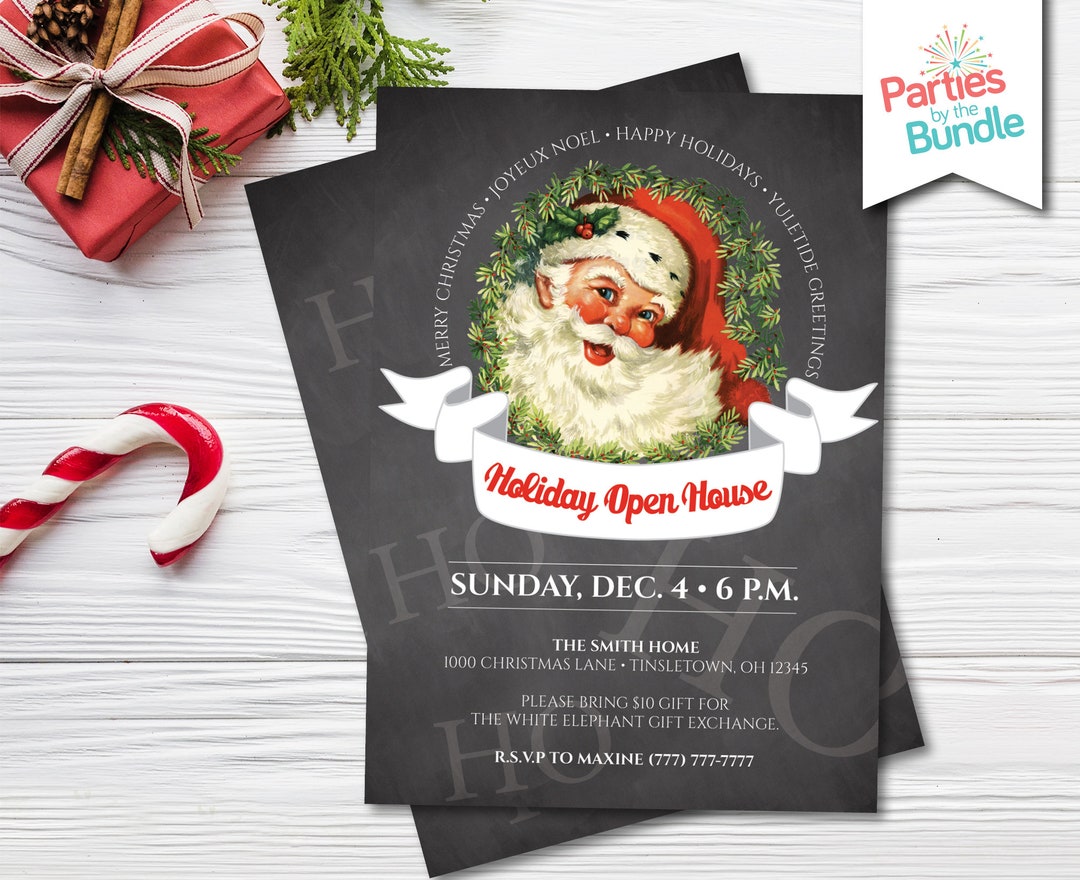 Retro Santa Claus Christmas Invitation | Holiday Open House Invite ...