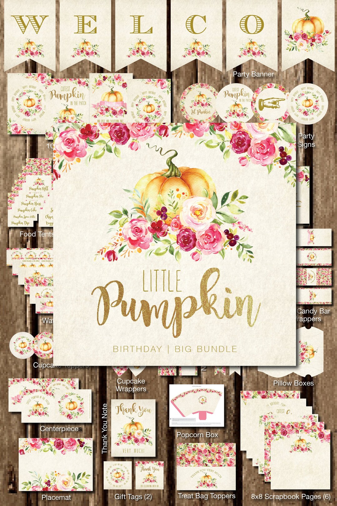 Pumpkin Birthday Decoration Kit Pink Printable Party Bundle Orange ...
