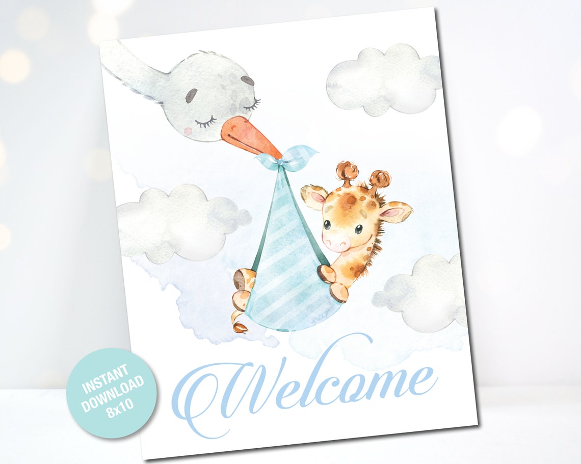 Blue Giraffe Baby Shower Welcome Sign Jungle Safari Printable - Etsy