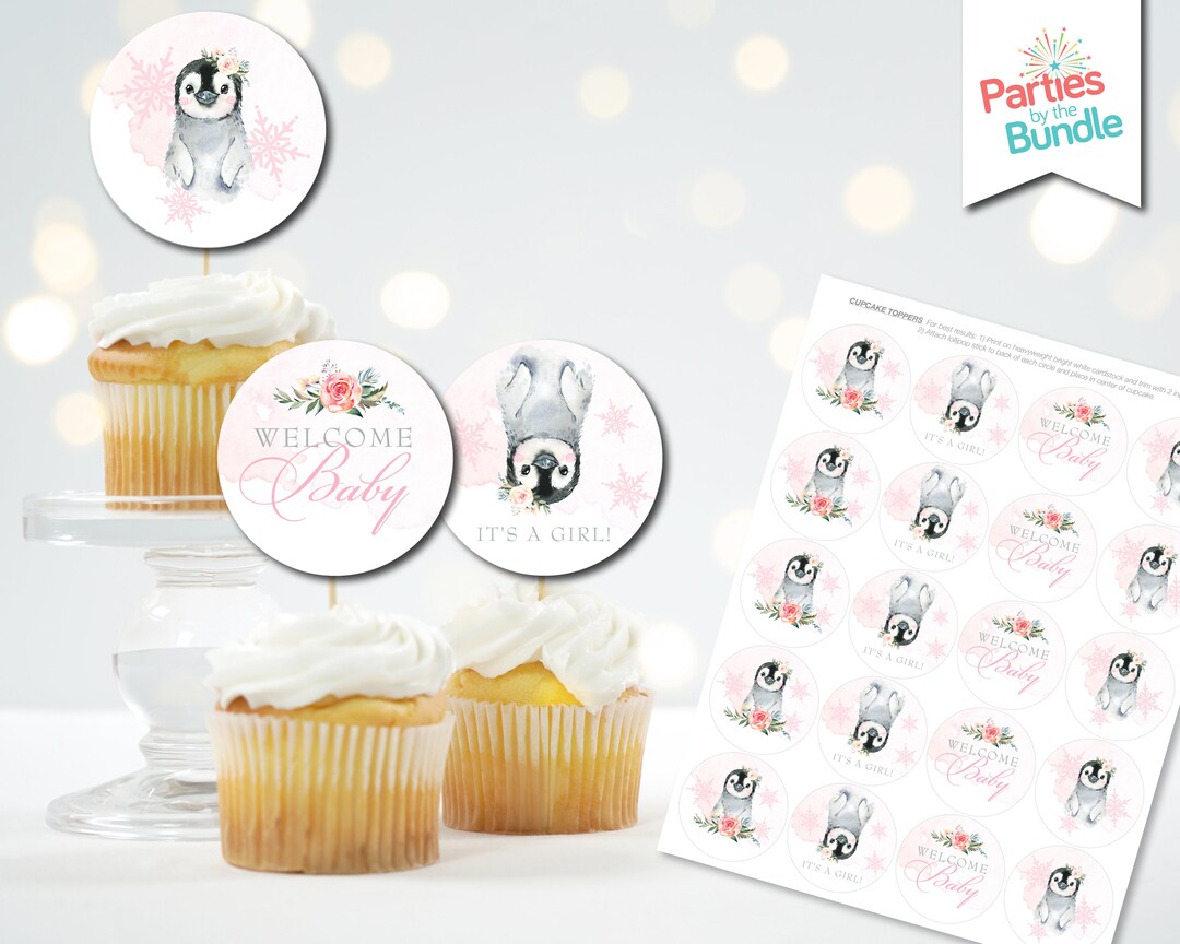 Penguin Baby Shower Cupcake Toppers Wrapper Set Winter Baby Shower ...