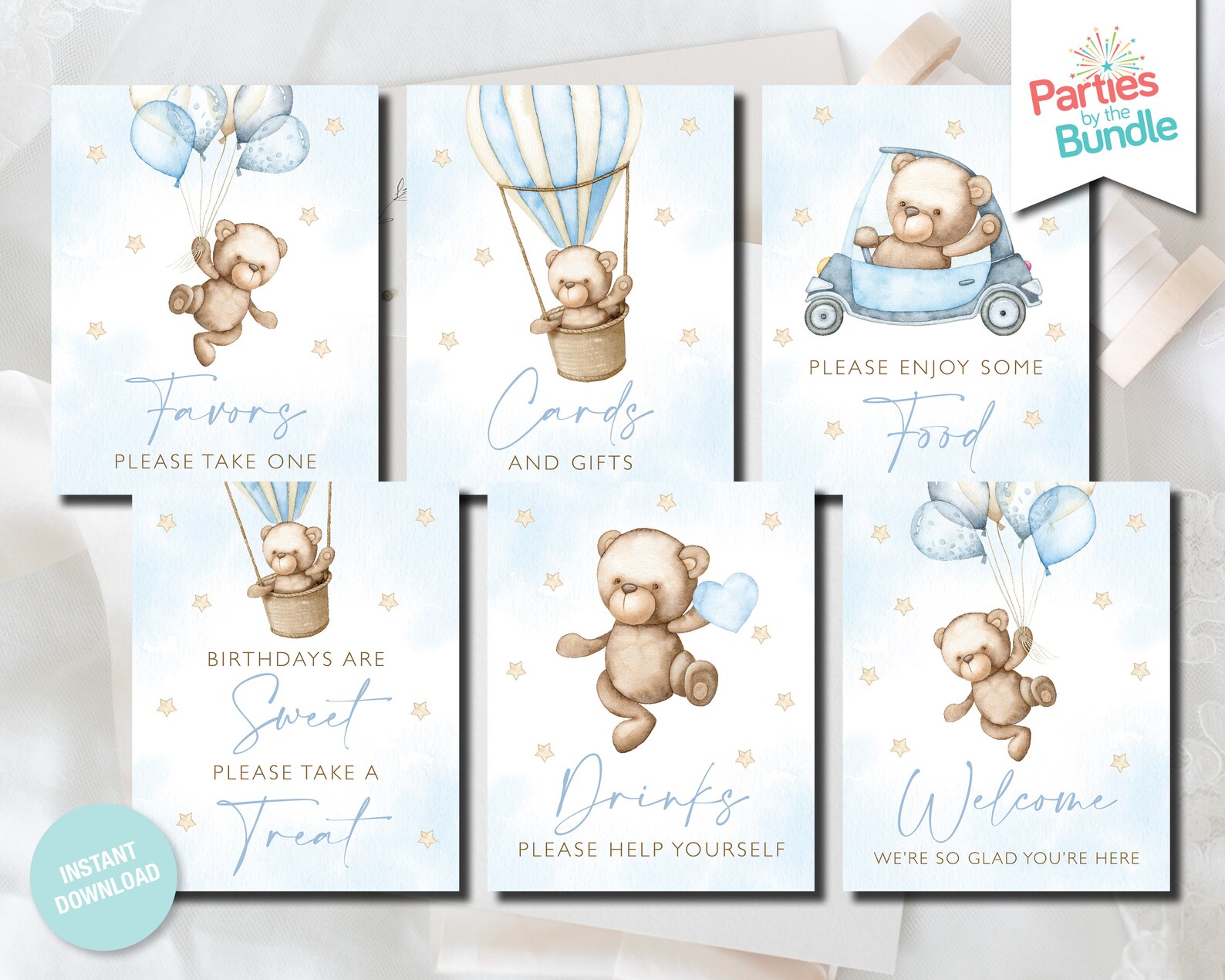 Teddy Bear Birthday Table Signs, Blue Teddy Bear Decorations, Cards and ...