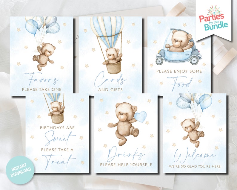 Teddy Bear Birthday Table Signs, Blue Teddy Bear Decorations, Cards and ...