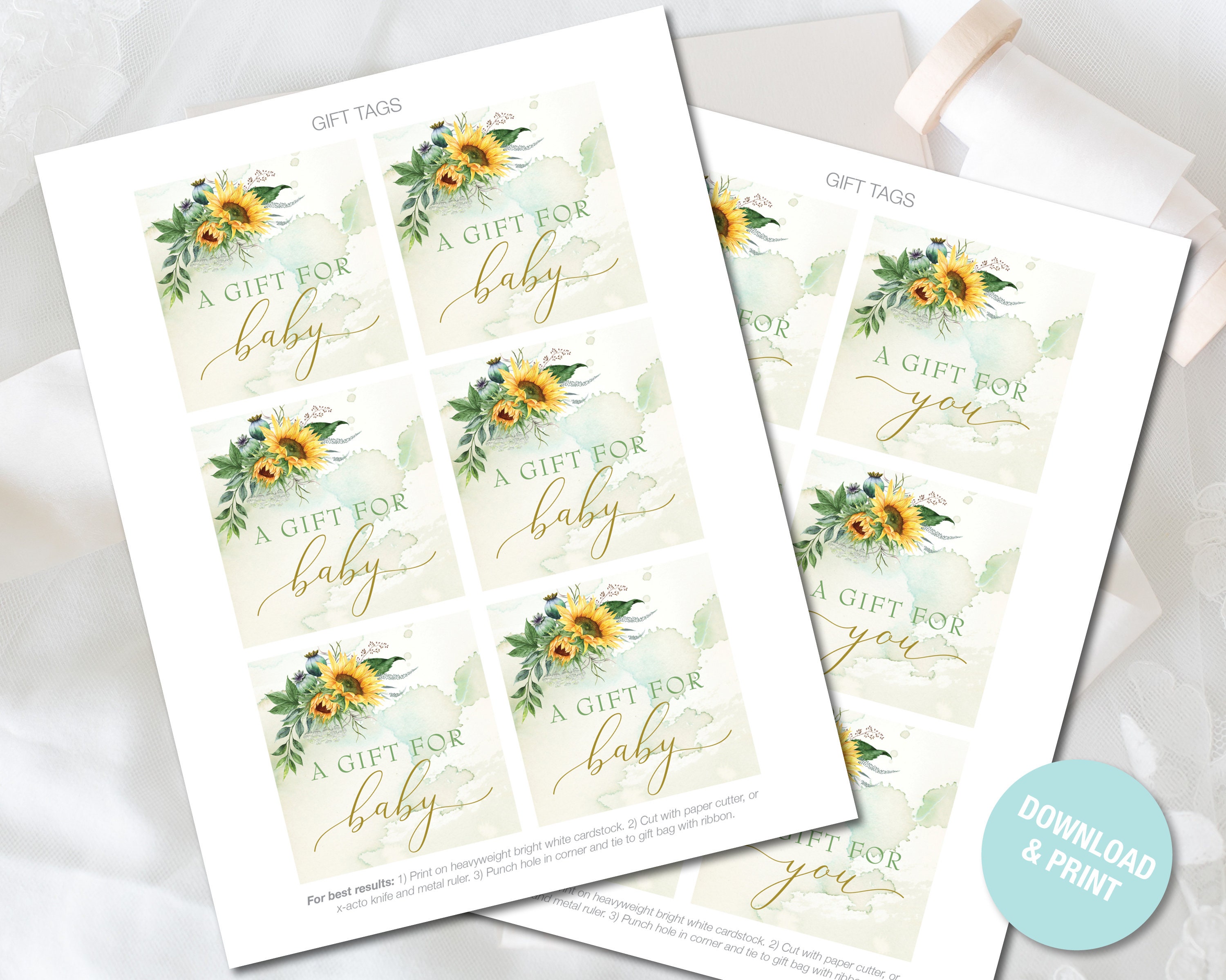 Sunflower Gift Tags, Sunflower Baby Shower Printables, Thank You Tags ...