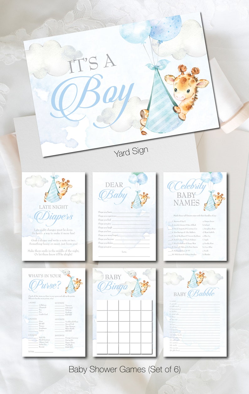 Blue Giraffe Printable Baby Shower Pick 3 Bundle Party Pack - Etsy
