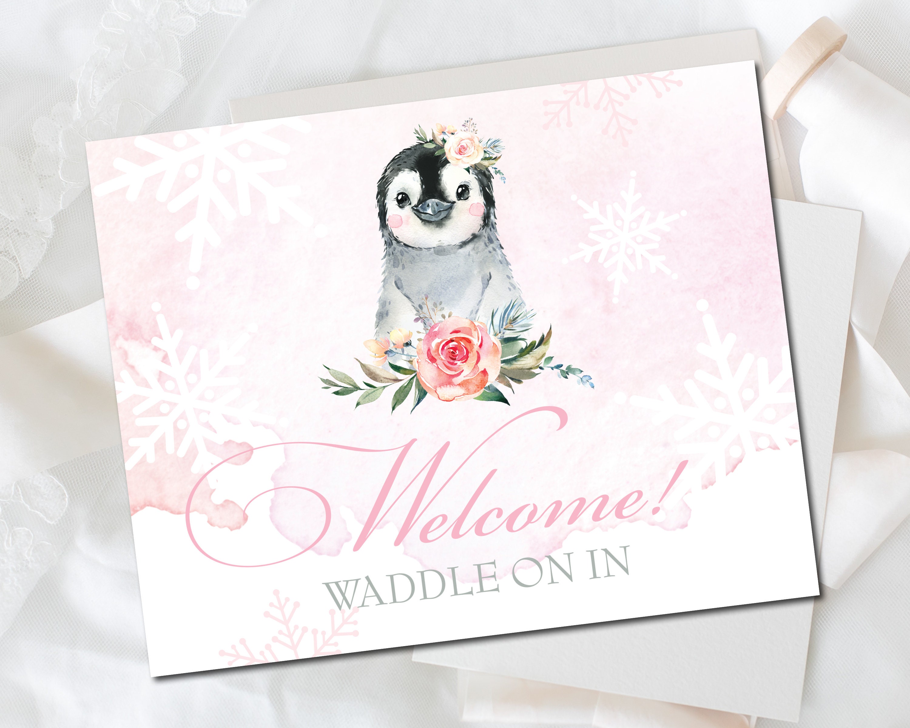Pink Penguin Baby Shower Welcome Sign Winter Penguin Printable - Etsy