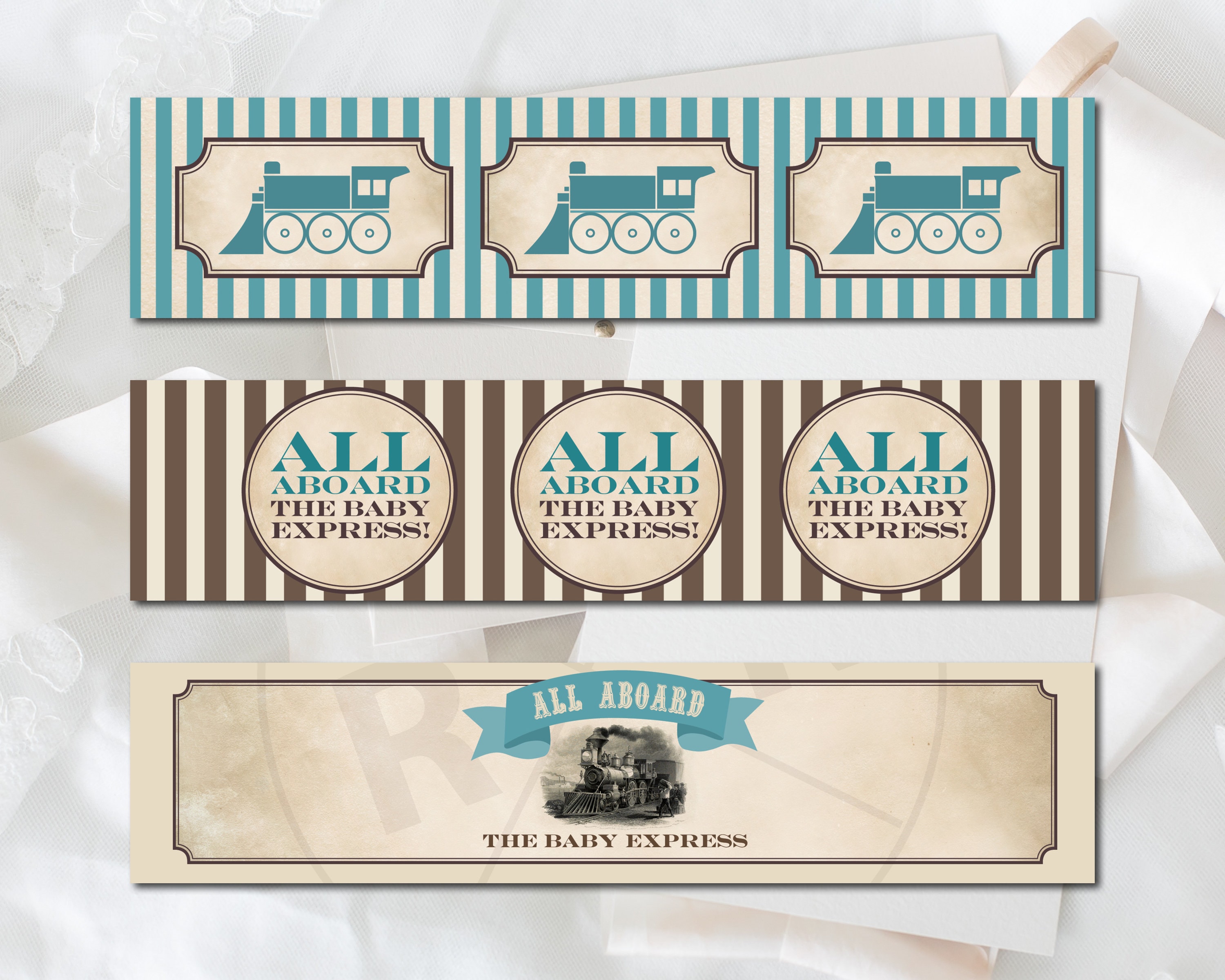 Vintage Train Baby Shower Water Bottle Labels All Aboard the Baby ...