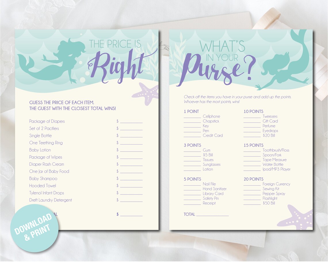 Mermaid Baby Shower Games, Under the Sea Baby Bingo, Price is Right ...