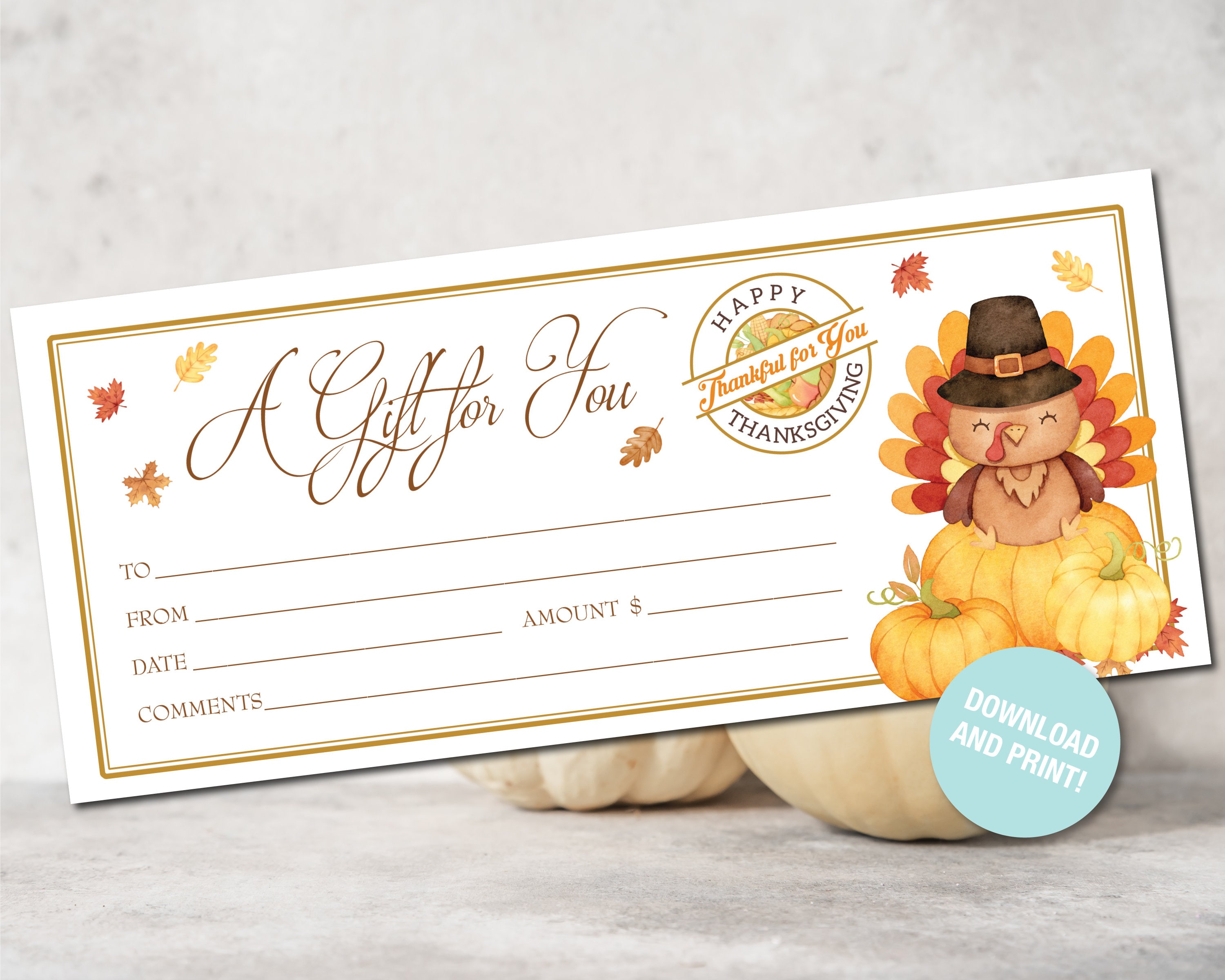 Printable Thanksgiving Gift Certificate Thank You Voucher - Etsy