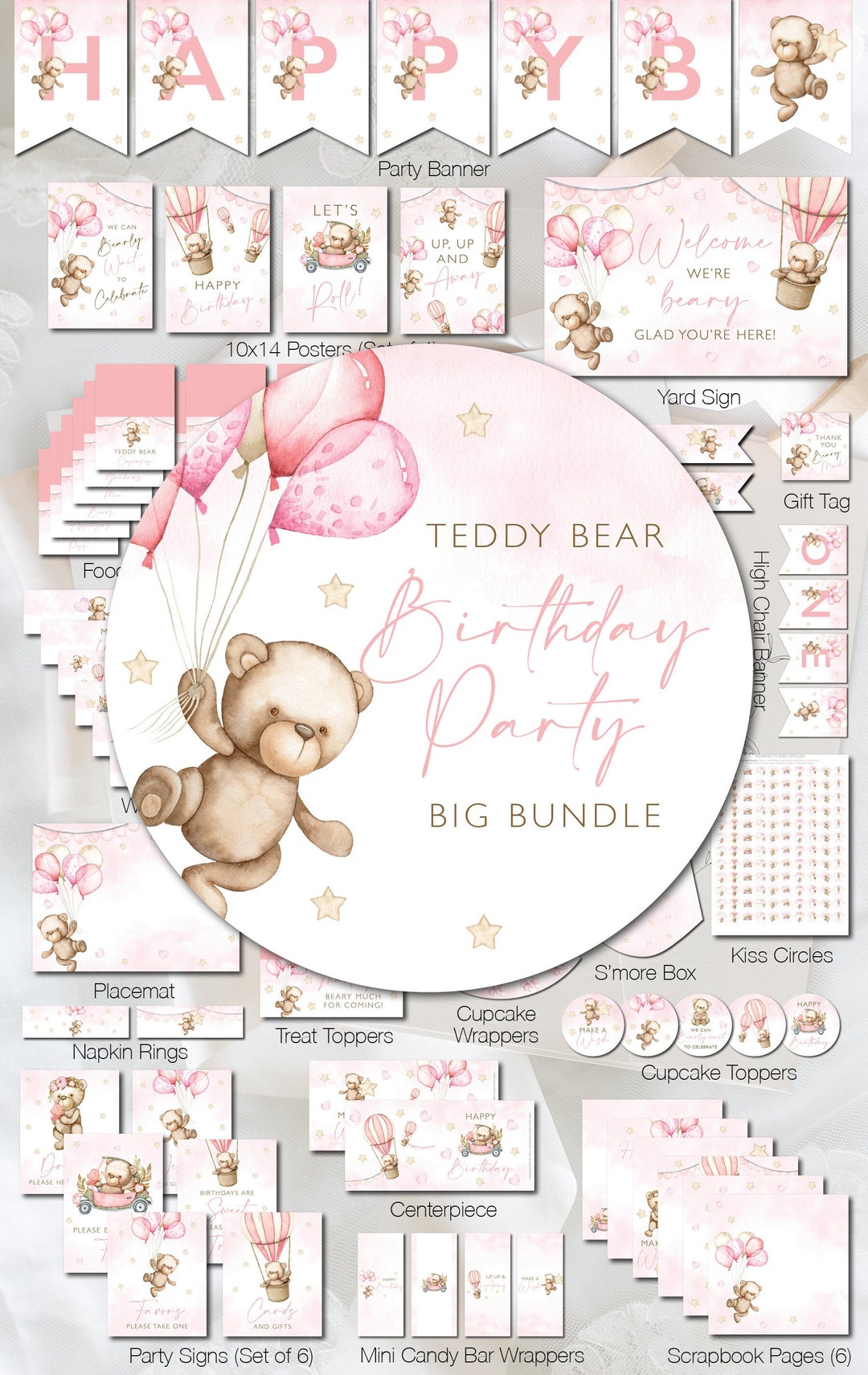 Teddy Bear Printable Birthday Party Bundle, Party Pack Kit, Party ...