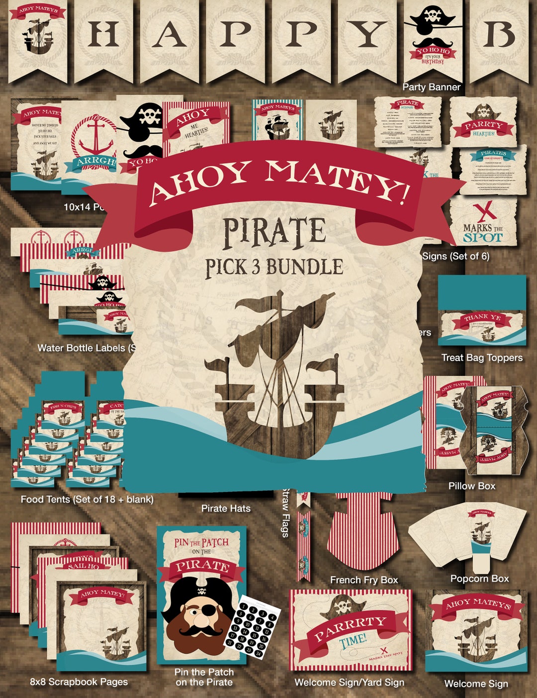 Pirate Birthday Printable Party Ahoy Mateys Birthday Decorations Pirate ...