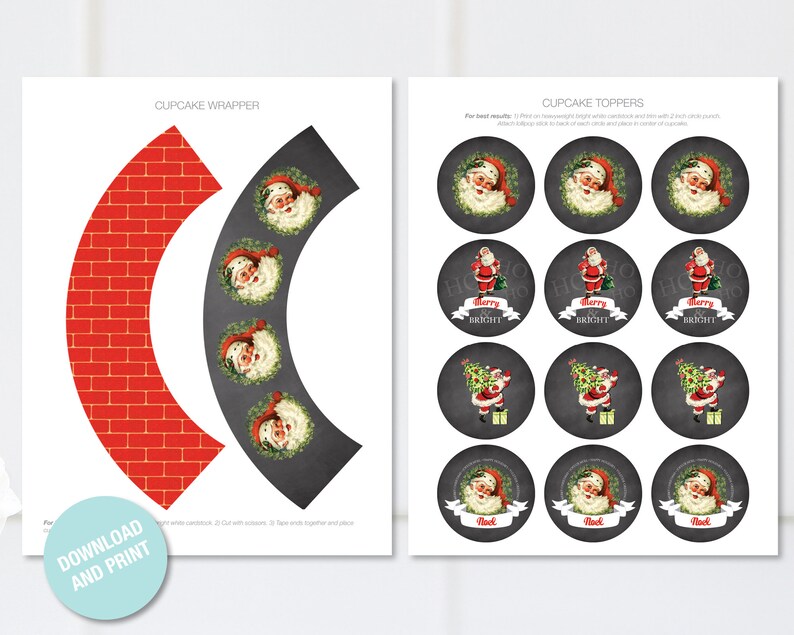 Retro Santa Cupcake Toppers Set, Printable Cupcake Toppers, Cupcake ...