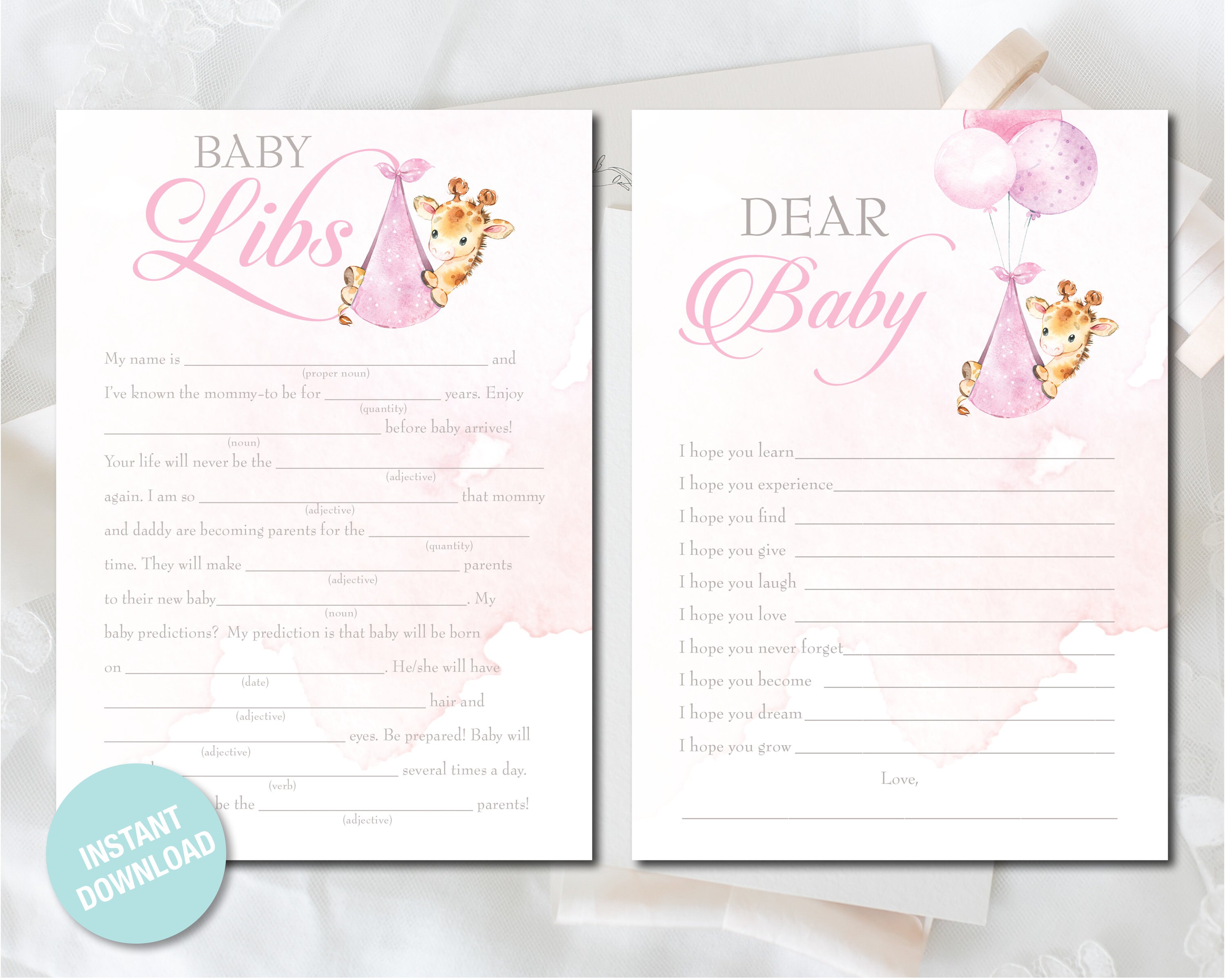 Pink Giraffe Baby Shower Games Baby Bingo Baby Babble Whats in Your ...
