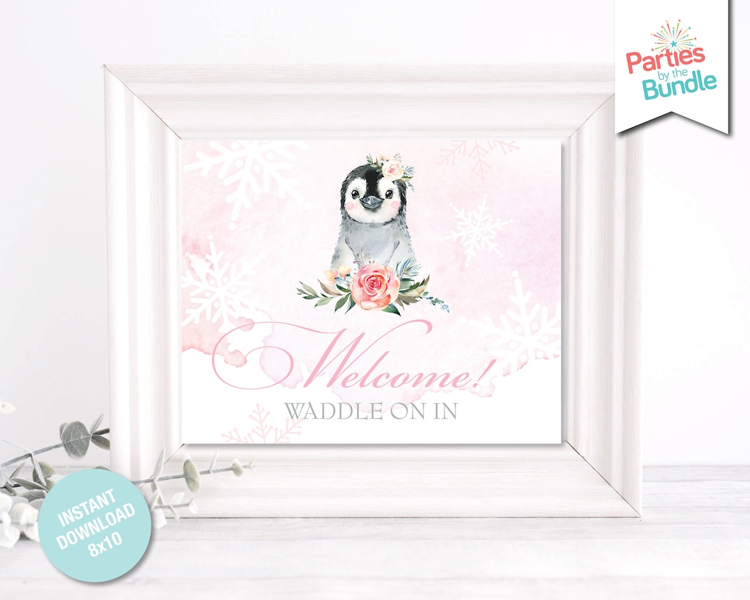 Pink Penguin Baby Shower Welcome Sign Winter Penguin Printable Party ...