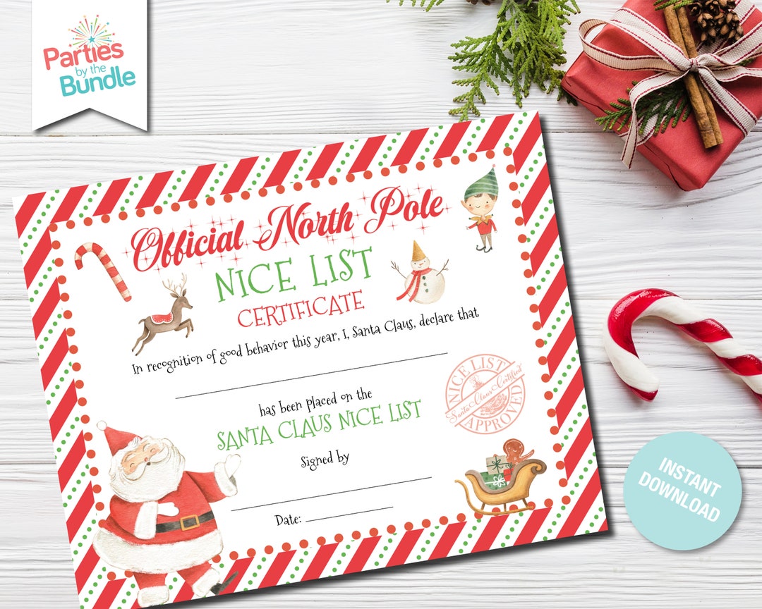 Official Santa Claus Nice List Certificate, Letter From Santa, North ...