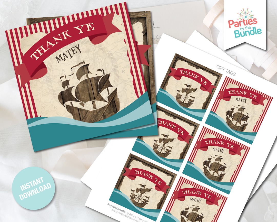 Pirate Birthday Gift Tags, Pirate Themed Party Printable Thank You Tags ...