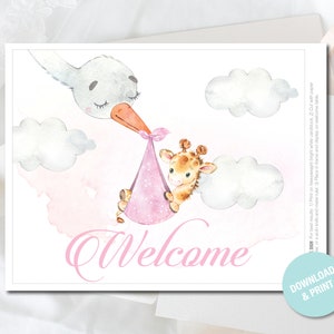 Pink Giraffe Baby Shower Welcome Sign Jungle Safari Printable Party Its ...