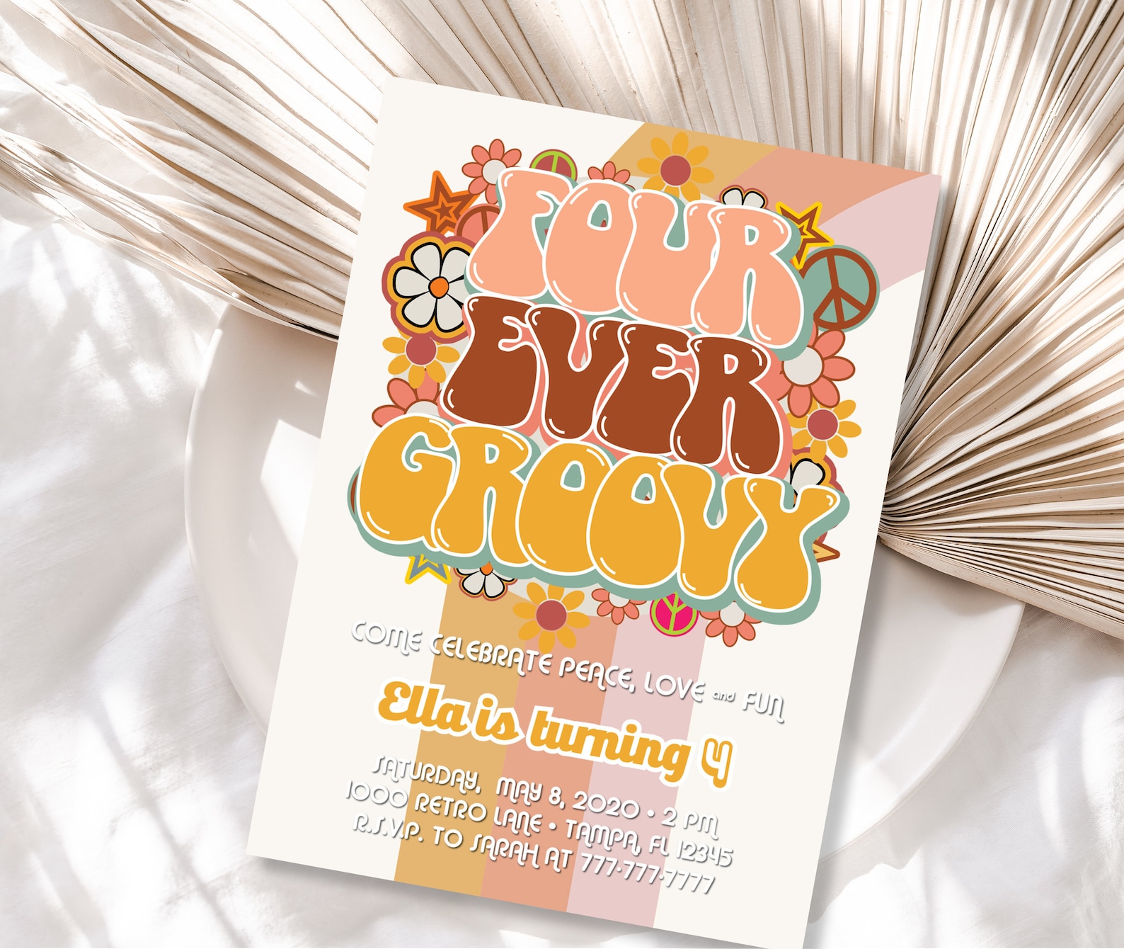 Four Ever Groovy Birthday Invitation Peace Love 70s Hippie - Etsy