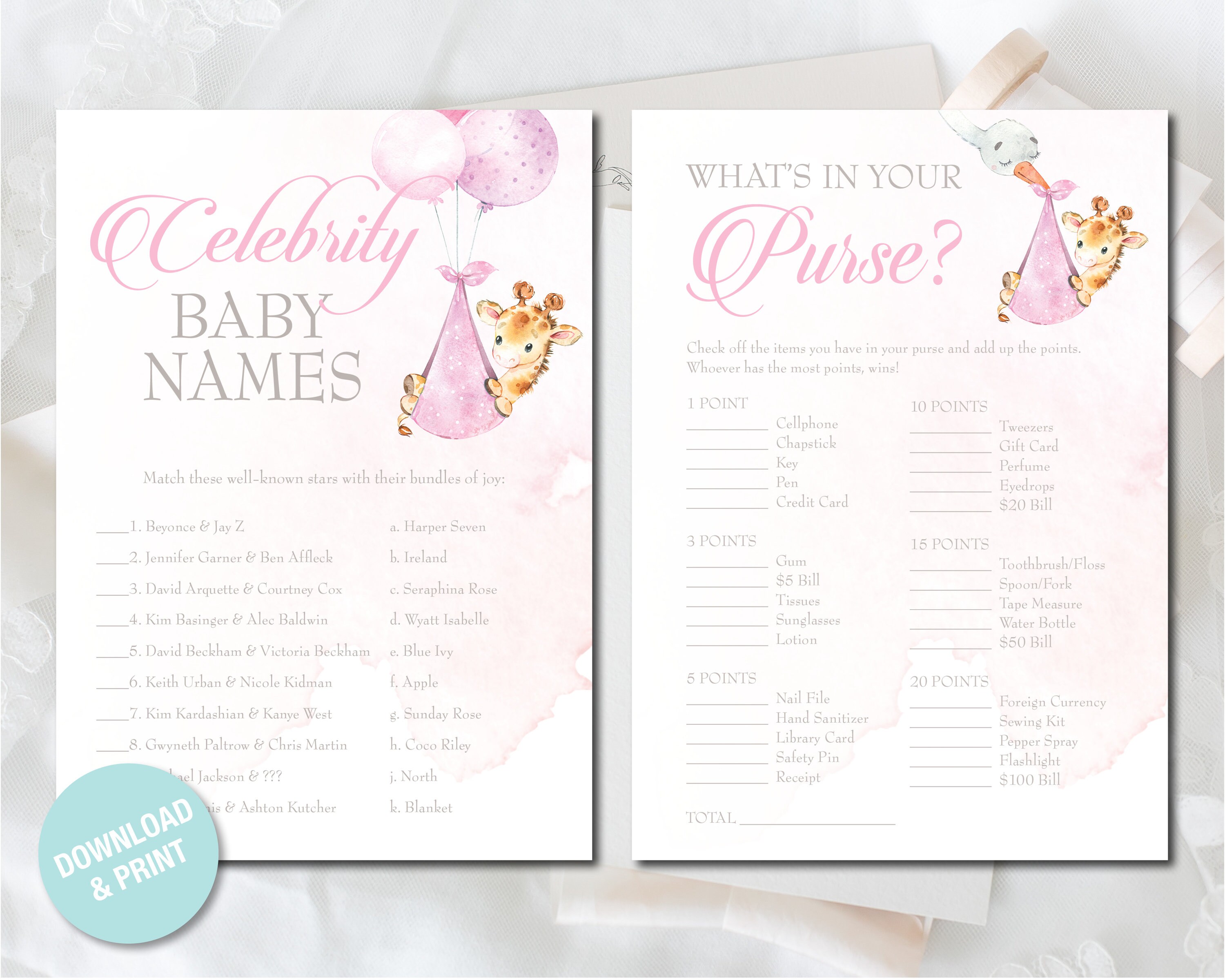 Pink Giraffe Baby Shower Games Baby Bingo Baby Babble Whats in Your ...