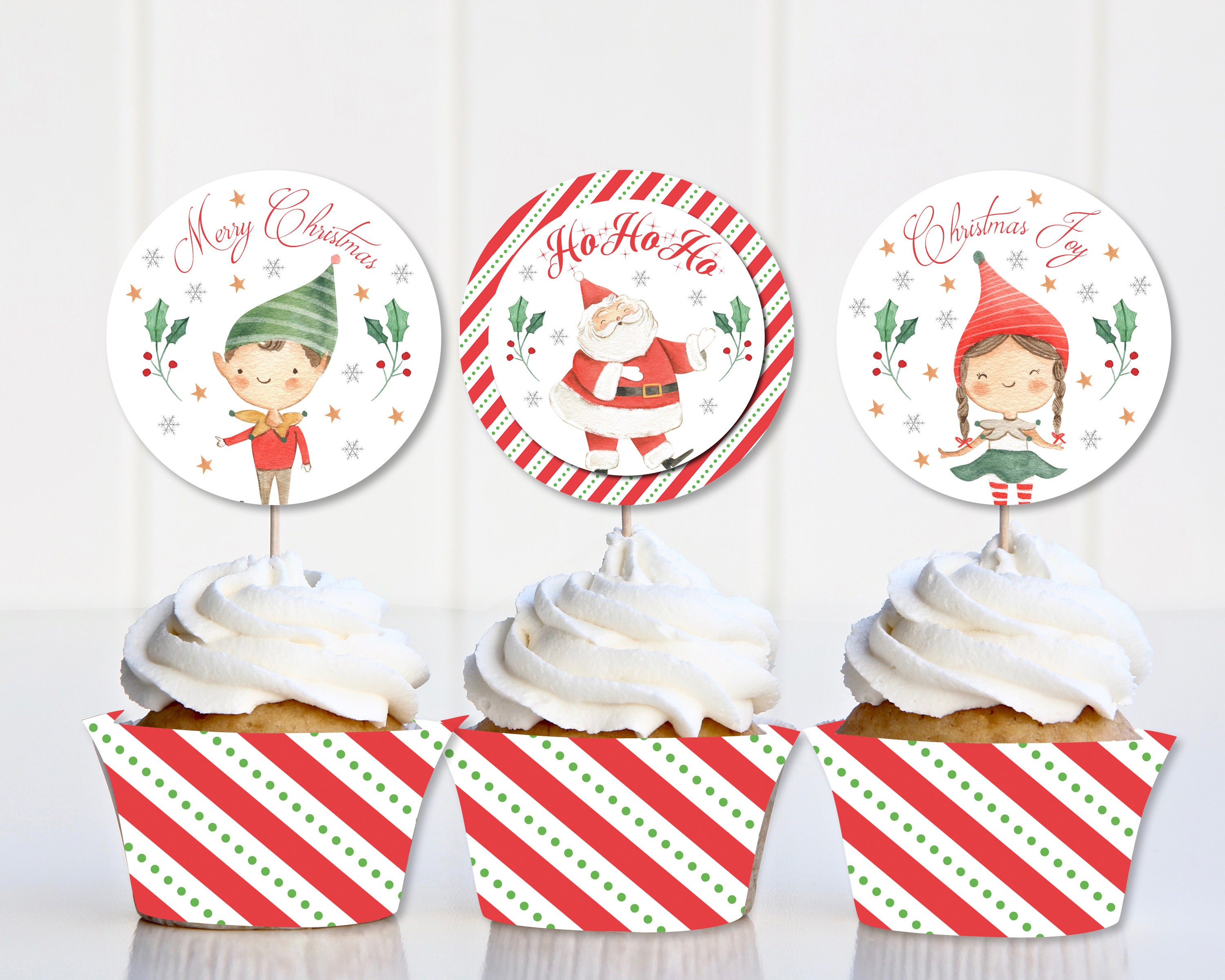 Santa Cupcake Toppers Wrappers Set Santa and Elves Printable Christmas ...