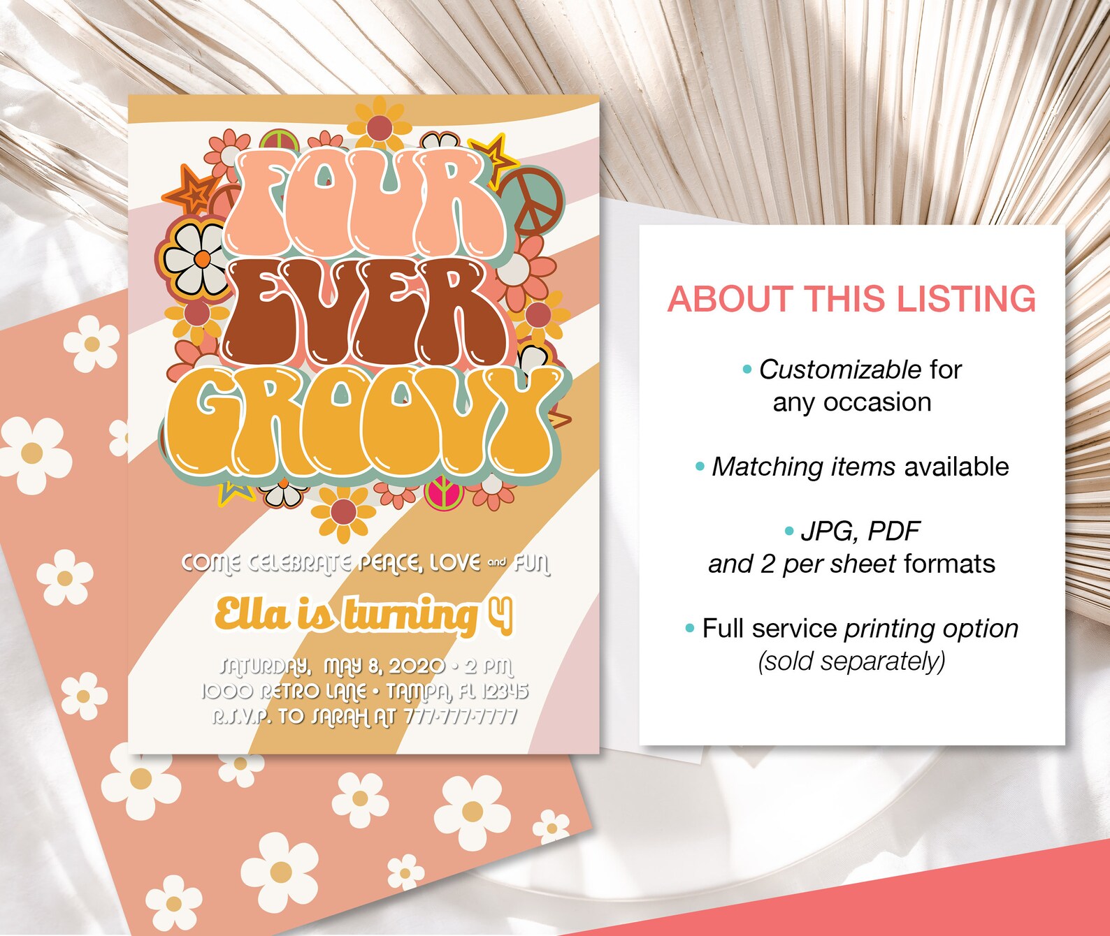 Four Ever Groovy Birthday Invitation Peace Love 70s Hippie Party Boho ...