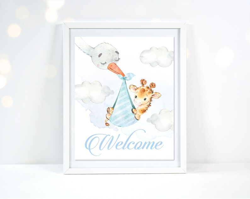 Blue Giraffe Baby Shower Welcome Sign Jungle Safari Printable - Etsy