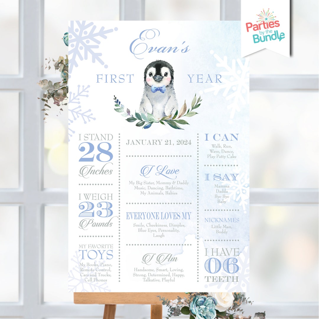 Penguin Birthday Milestones Sign | Blue Snowflakes | Winter Onederland ...