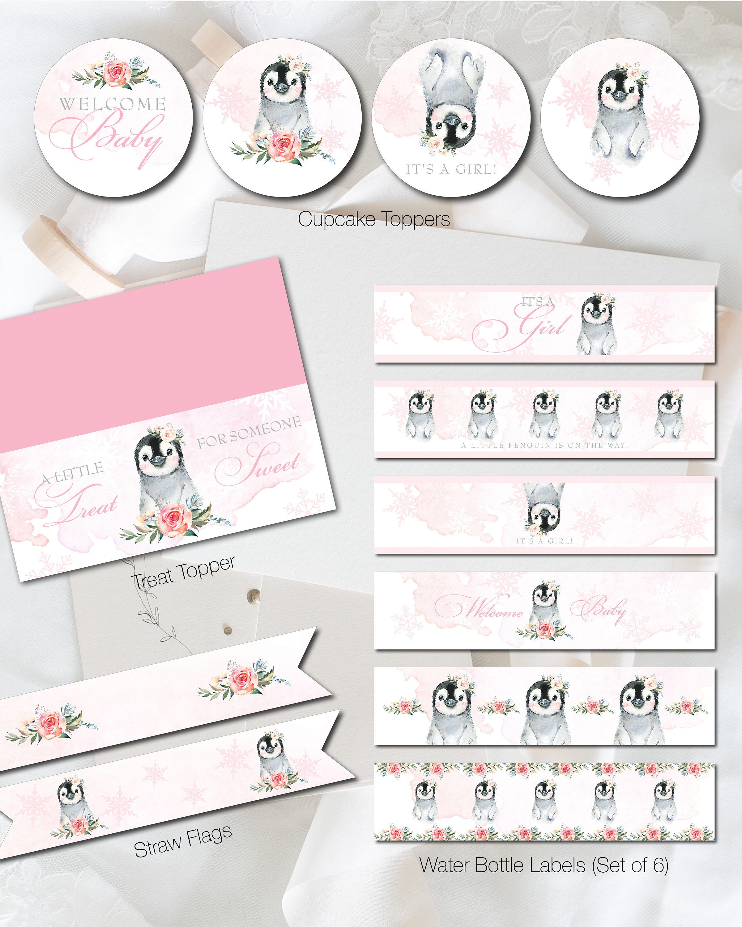 Pink Penguin Party Package Decoration Kit Winter Baby Shower Decor Baby ...