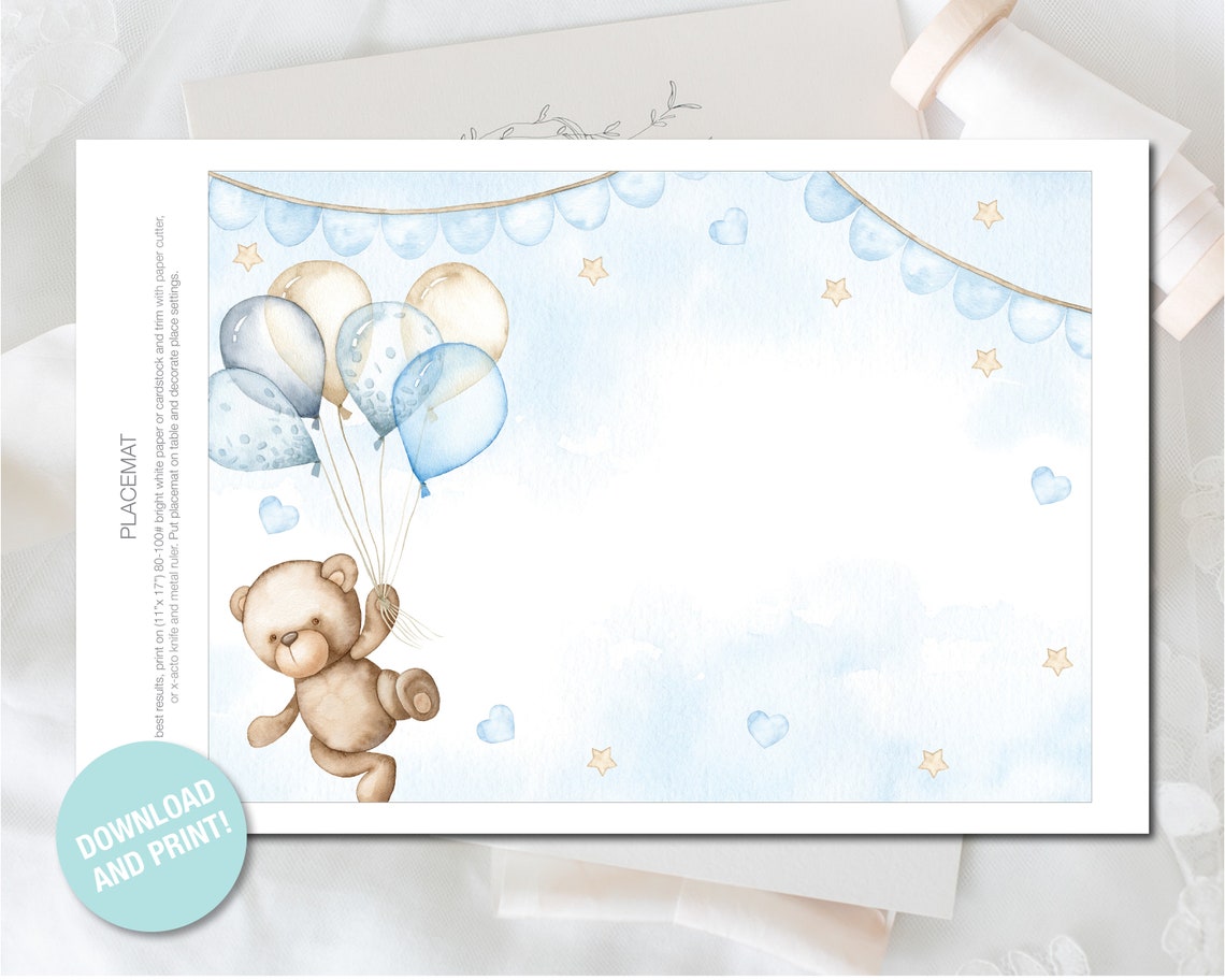 Teddy Bear Place Mat Blue Teddy Bear Party Decorations | Etsy