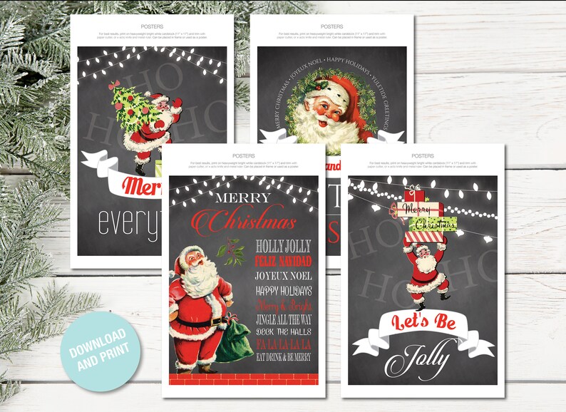 Santa Poster Set, Retro Santa Printables, Christmas Printables, Vintage ...