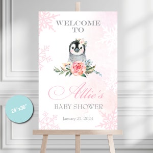 Pink Penguin Baby Shower Welcome Sign | Winter Themed Easel Decoration ...