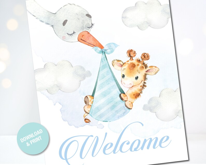Blue Giraffe Baby Shower Welcome Sign Jungle Safari Printable - Etsy