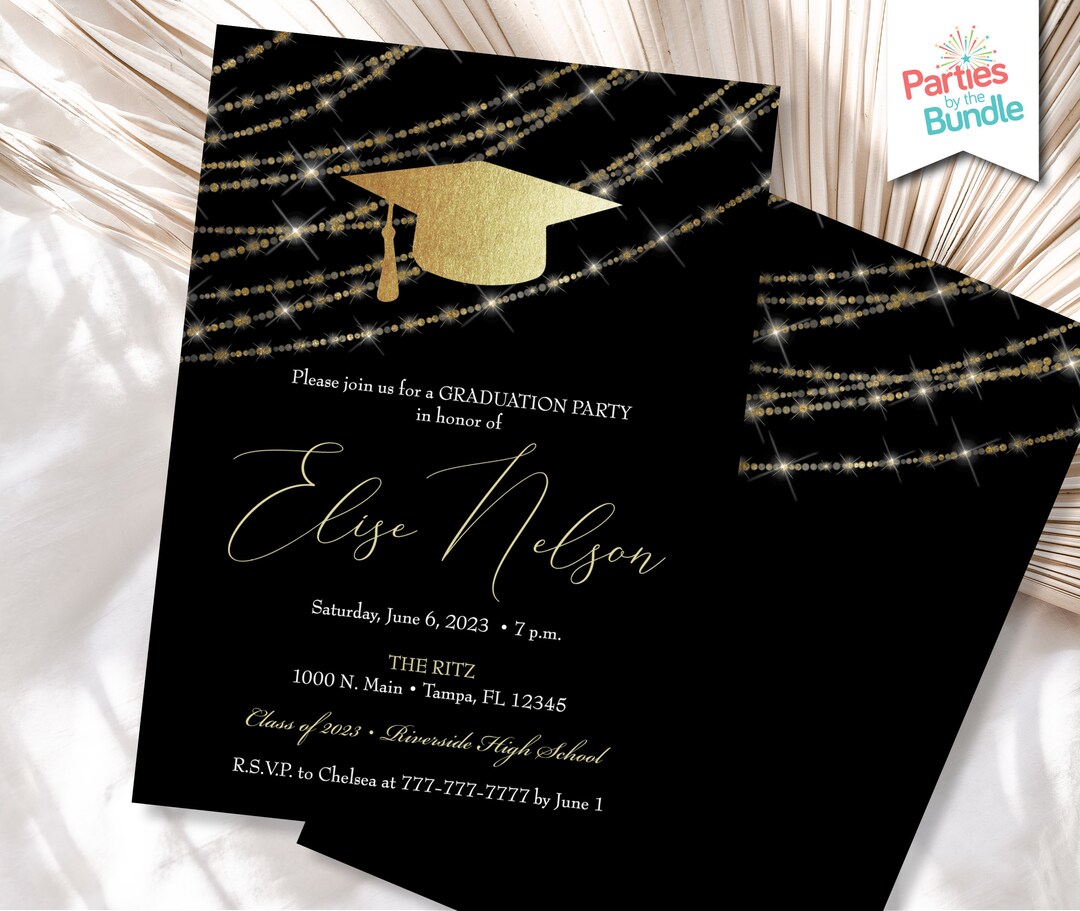 Graduation Party Invitation | Gold Sparkle Glitter Commencement Invite ...