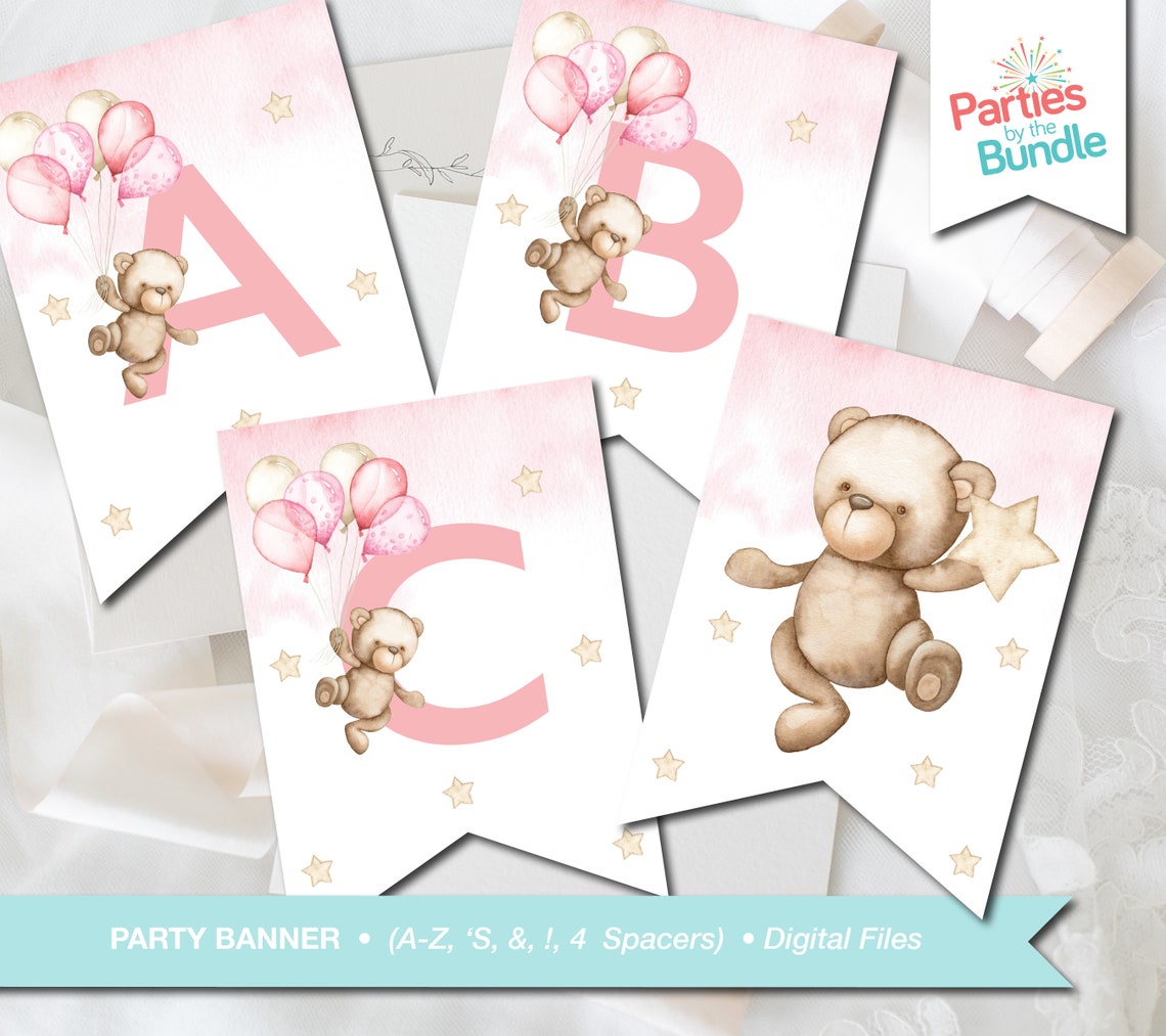 Teddy Bear Baby Shower Banner, Banner Bunting, Party Decorations, Pink ...