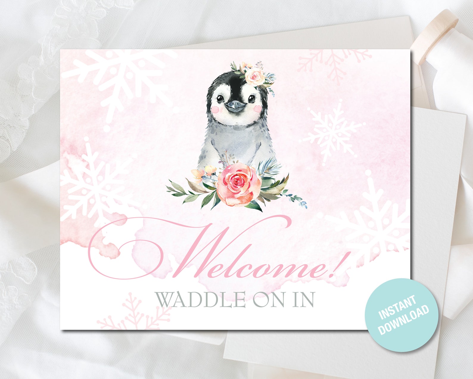 Pink Penguin Baby Shower Welcome Sign Winter Penguin Printable - Etsy