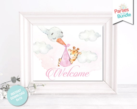 Pink Giraffe Baby Shower Welcome Sign Jungle Safari Printable - Etsy