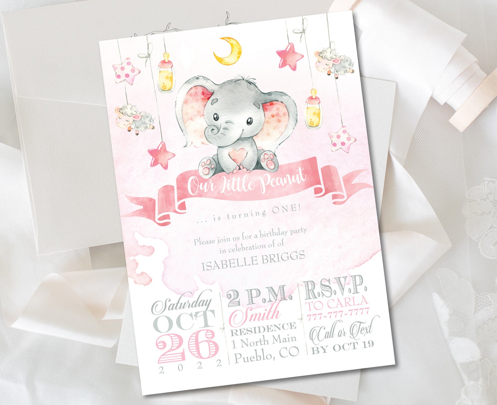 Pink Elephant Birthday Invitation, Girl Elephant Birthday Invite, Girl ...
