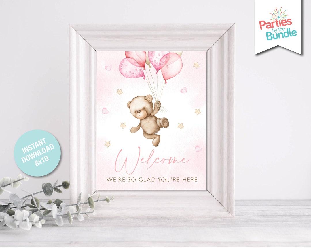 Teddy Bear Welcome Sign, Pink Teddy Bear Shower Decorations, Baby ...