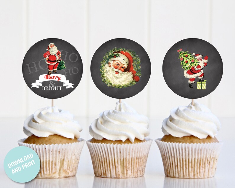 Retro Santa Cupcake Toppers Set, Printable Cupcake Toppers, Cupcake ...