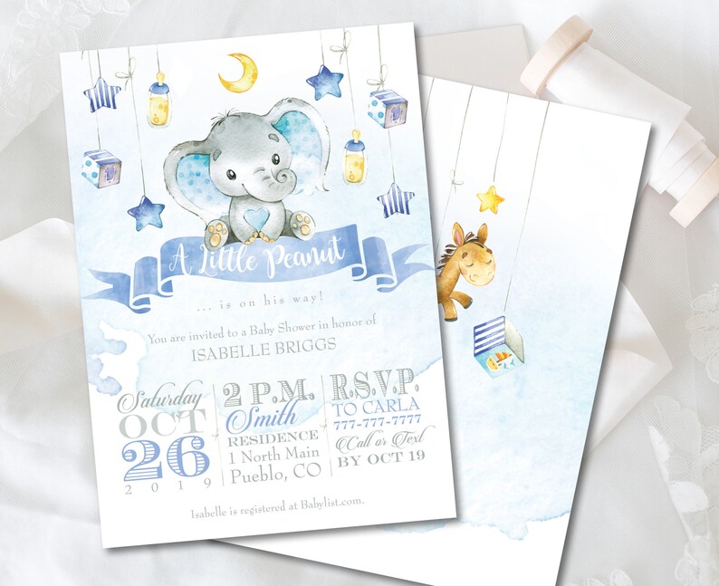 Blue Elephant Invitation, Boy Elephant Invites, Baby Boy Theme, Baby ...