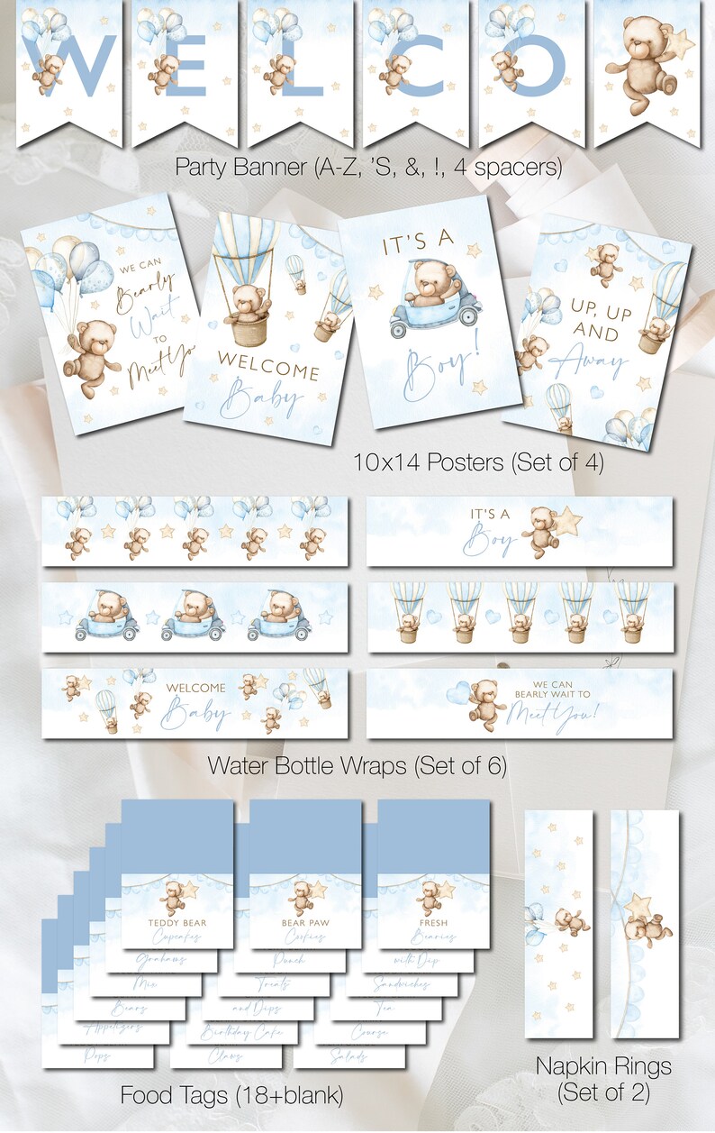 Teddy Bear Printable Baby Shower Bundle Party Pack Kit Party - Etsy Canada