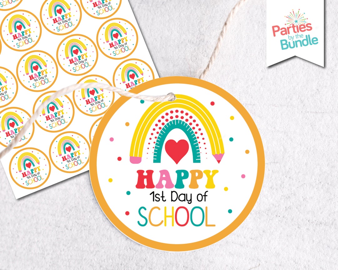 Back to School Circle Gift Tag | First Day of School Round Sticker ...